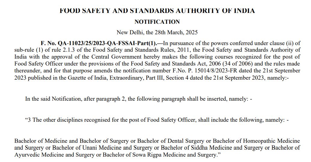 FSSAI Recognizes Medical Degrees for the Post of Food Safety Officer ...
